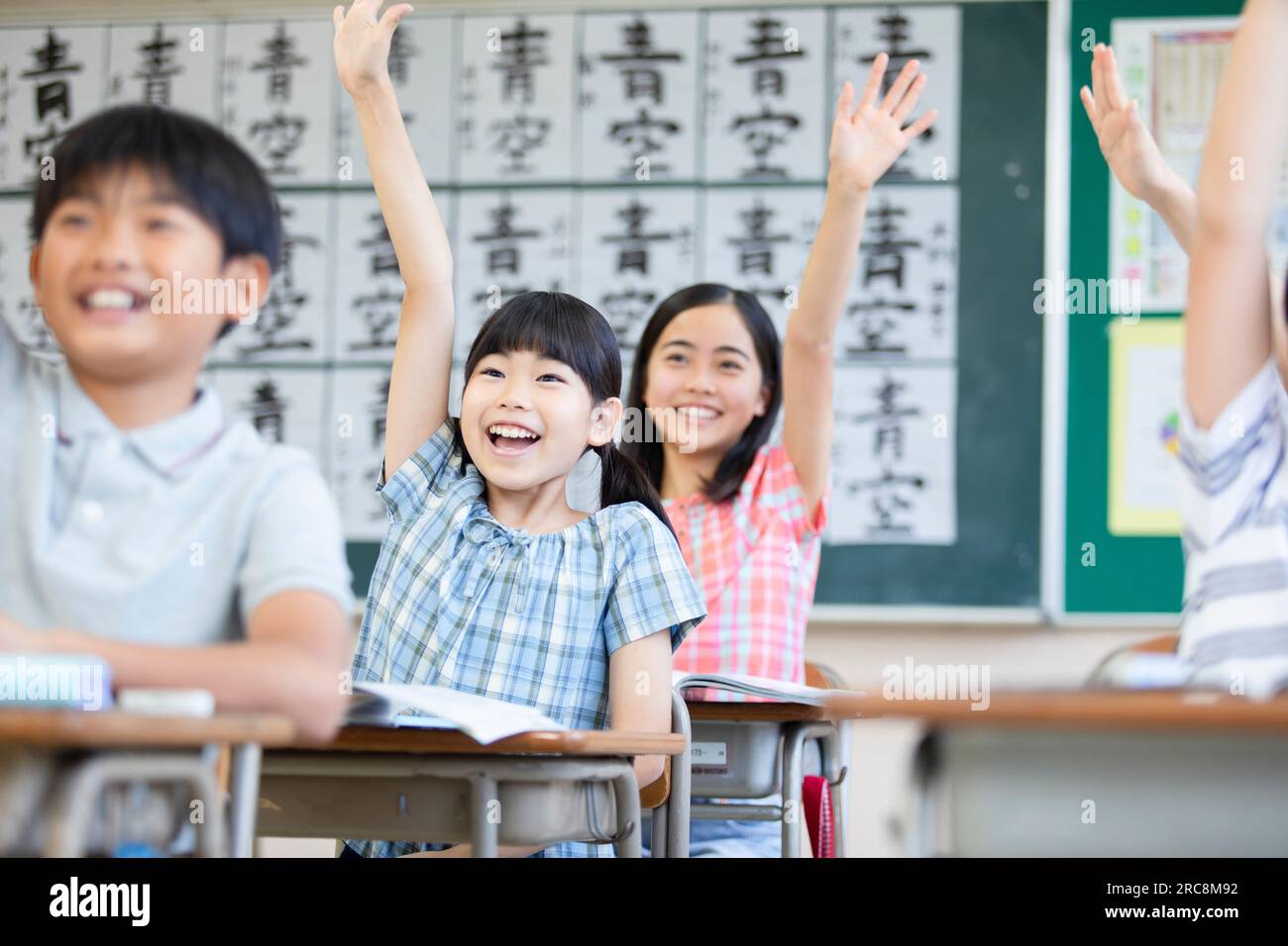 Elementary school student raising his hand during class Stock Photo - Alamy