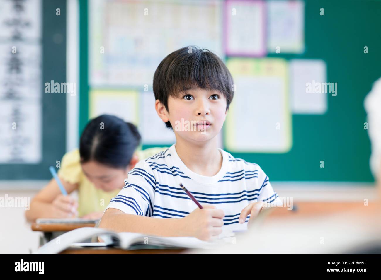 An elementary school student studying during class Stock Photo - Alamy