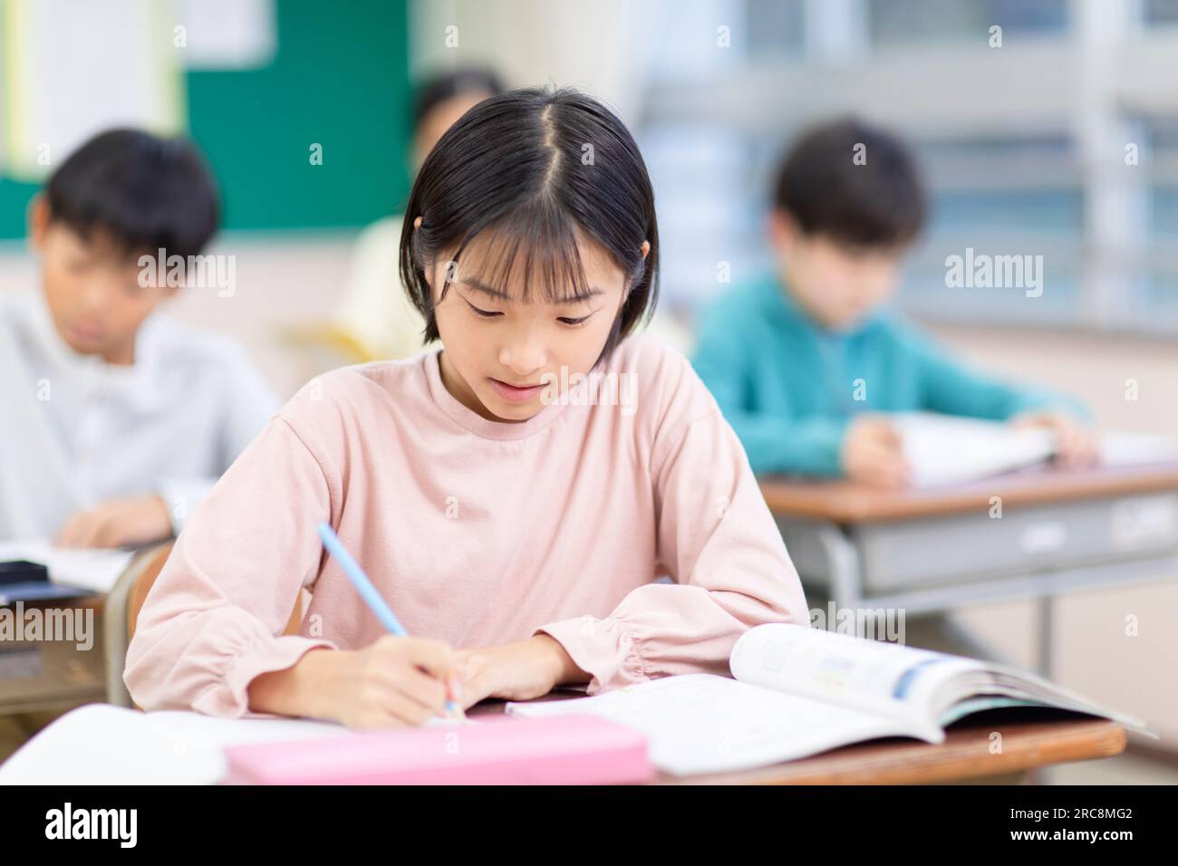 An elementary school student studying during class Stock Photo - Alamy