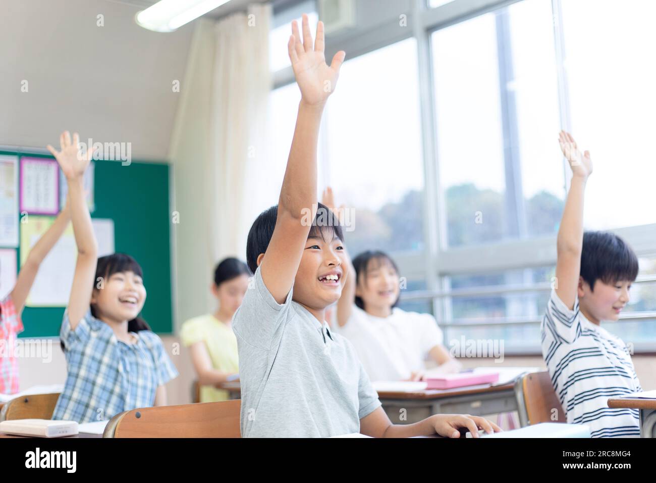 Elementary school students raising their hands during class Stock Photo - Alamy