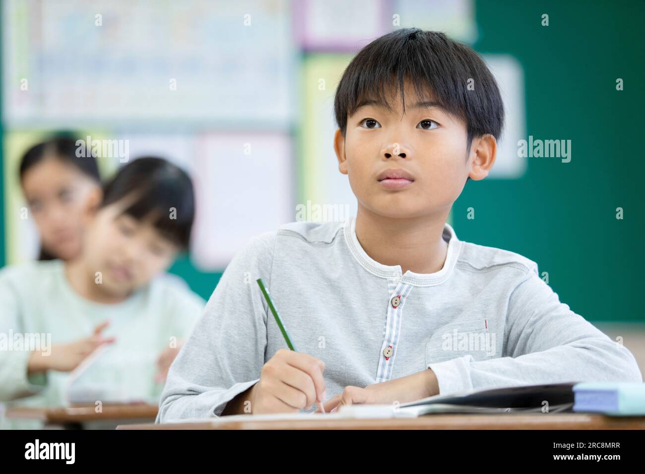 An elementary school student studying during class Stock Photo - Alamy