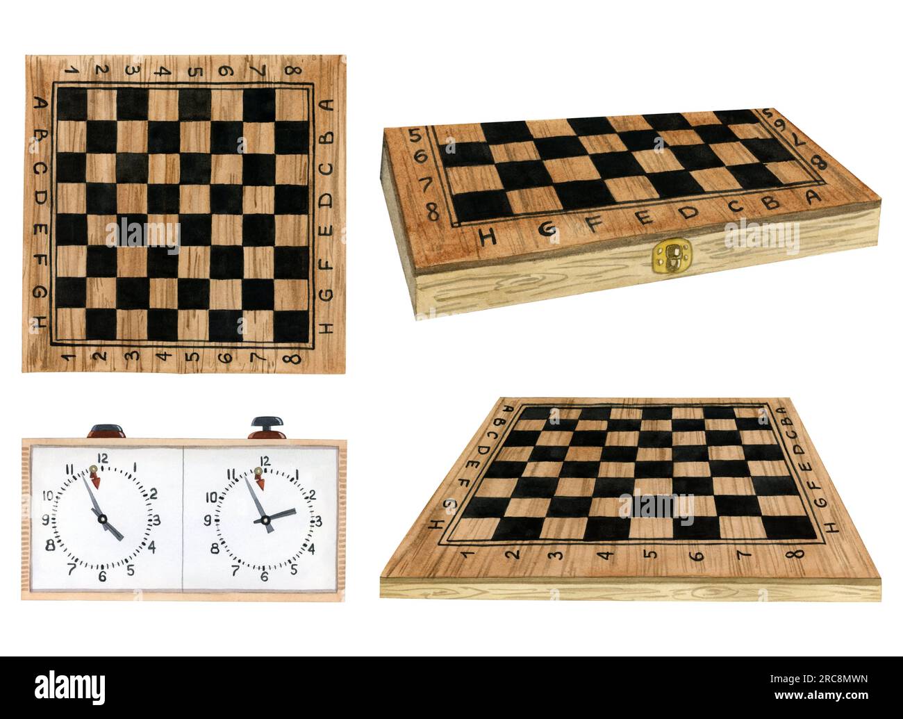 Watercolor chess boards and clock set hand drawn realistic illustration ...