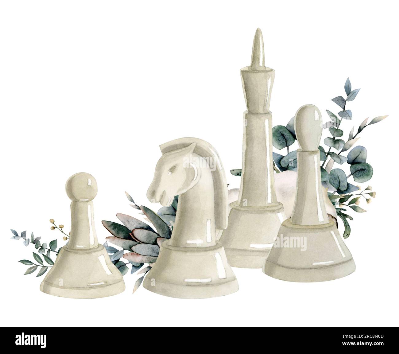 White king, bishop, knight and pawn chess pieces watercolor ...