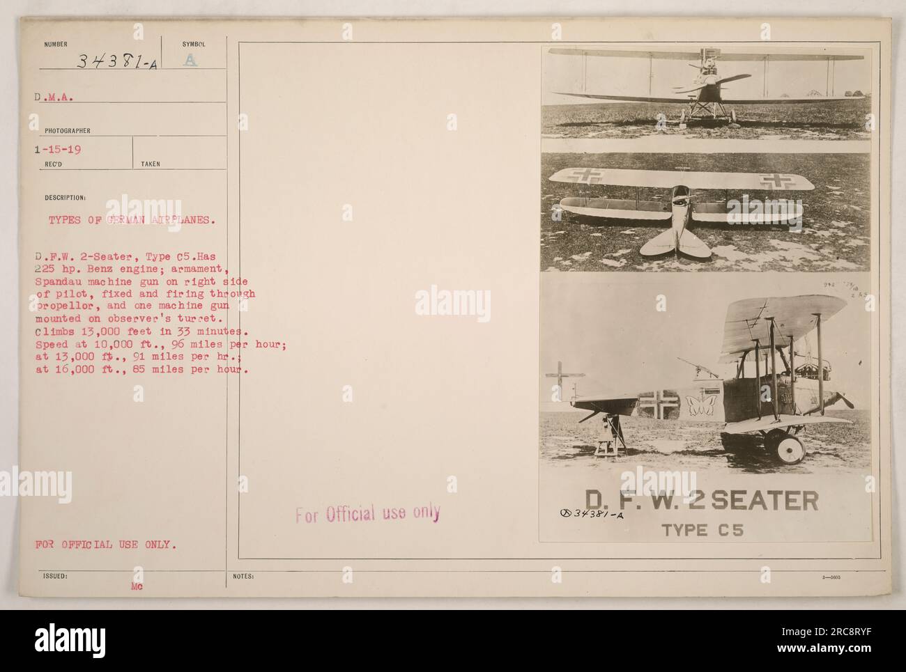 German D.F.W. 2-Seater, Type C5, identified in this photograph. The ...