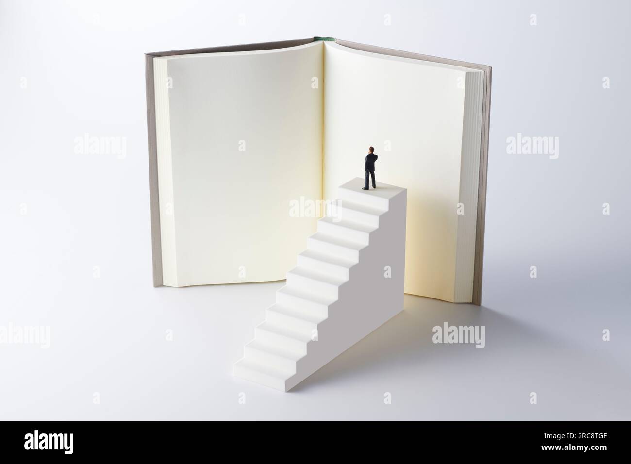 Miniature businessman at the top of the stairs reading a book Stock ...