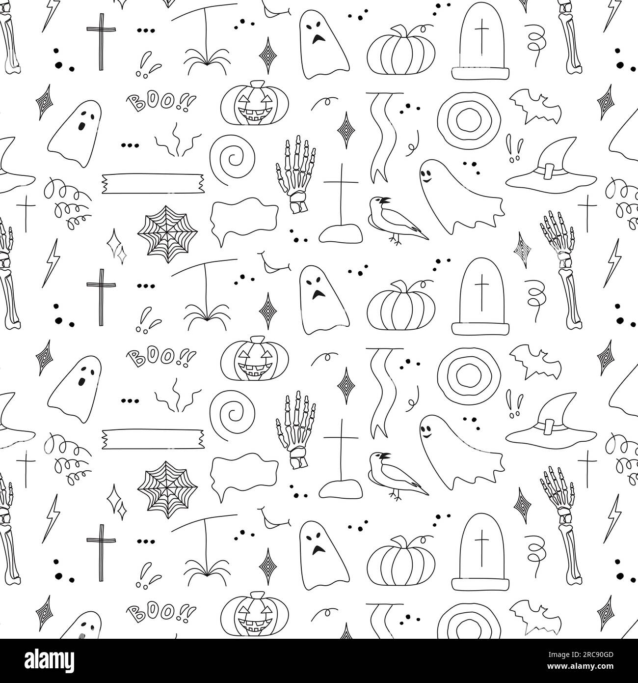 Halloween Seamless pattern Doodle background Black outline design ...