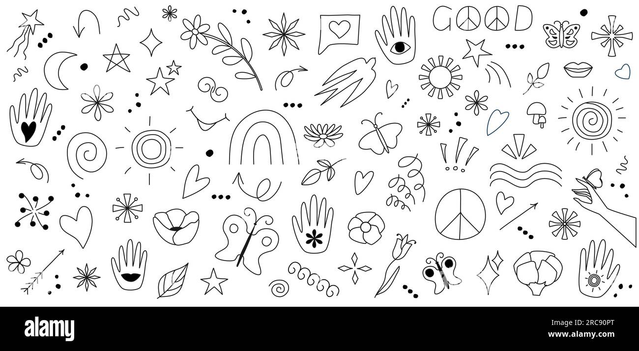 Set of hippie groovy illustrations Doodle style Sketch of party ...