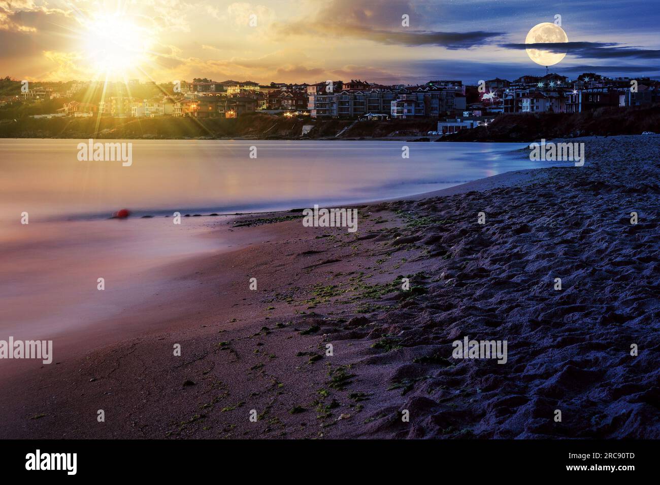 day and night time change concept. urban sand beach in the early ...