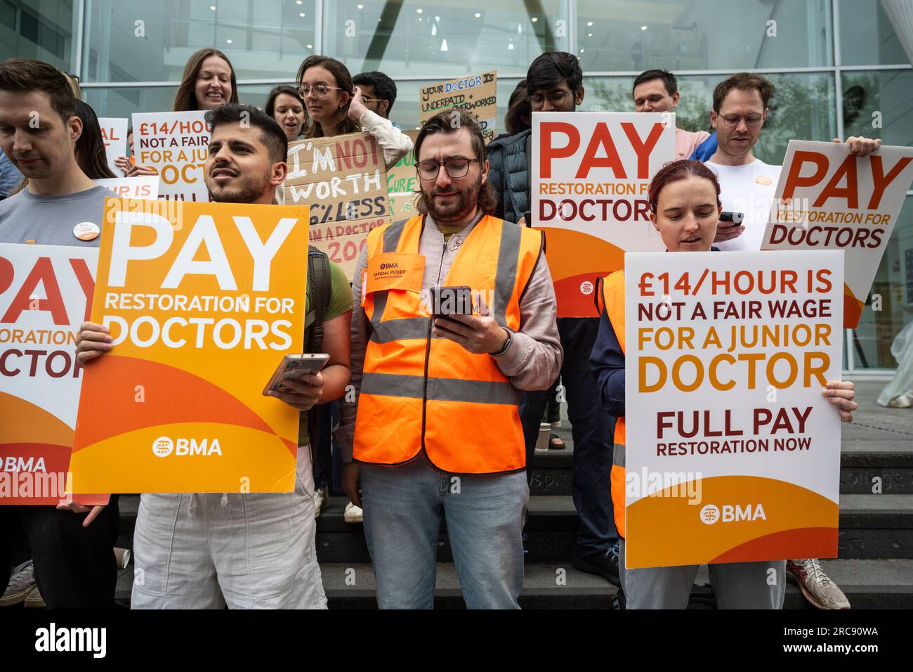 London, UK. 13 July 2023. Junior doctors at a picket line outside ...