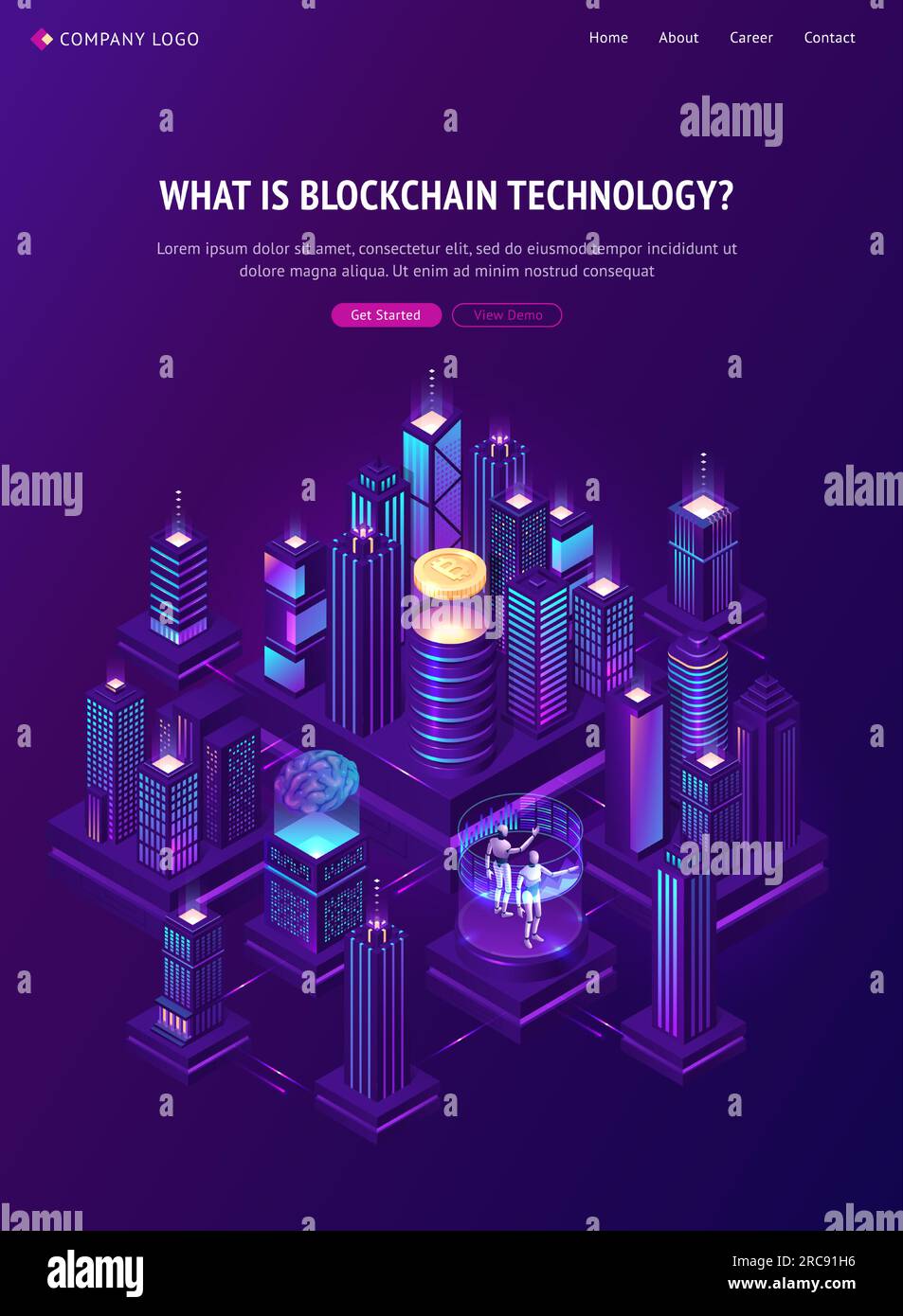 Blockchain technology isometric landing page. Huge bitcoin, human brain ... Blockchain technology isometric landing page. Huge bitcoin, human brain ...