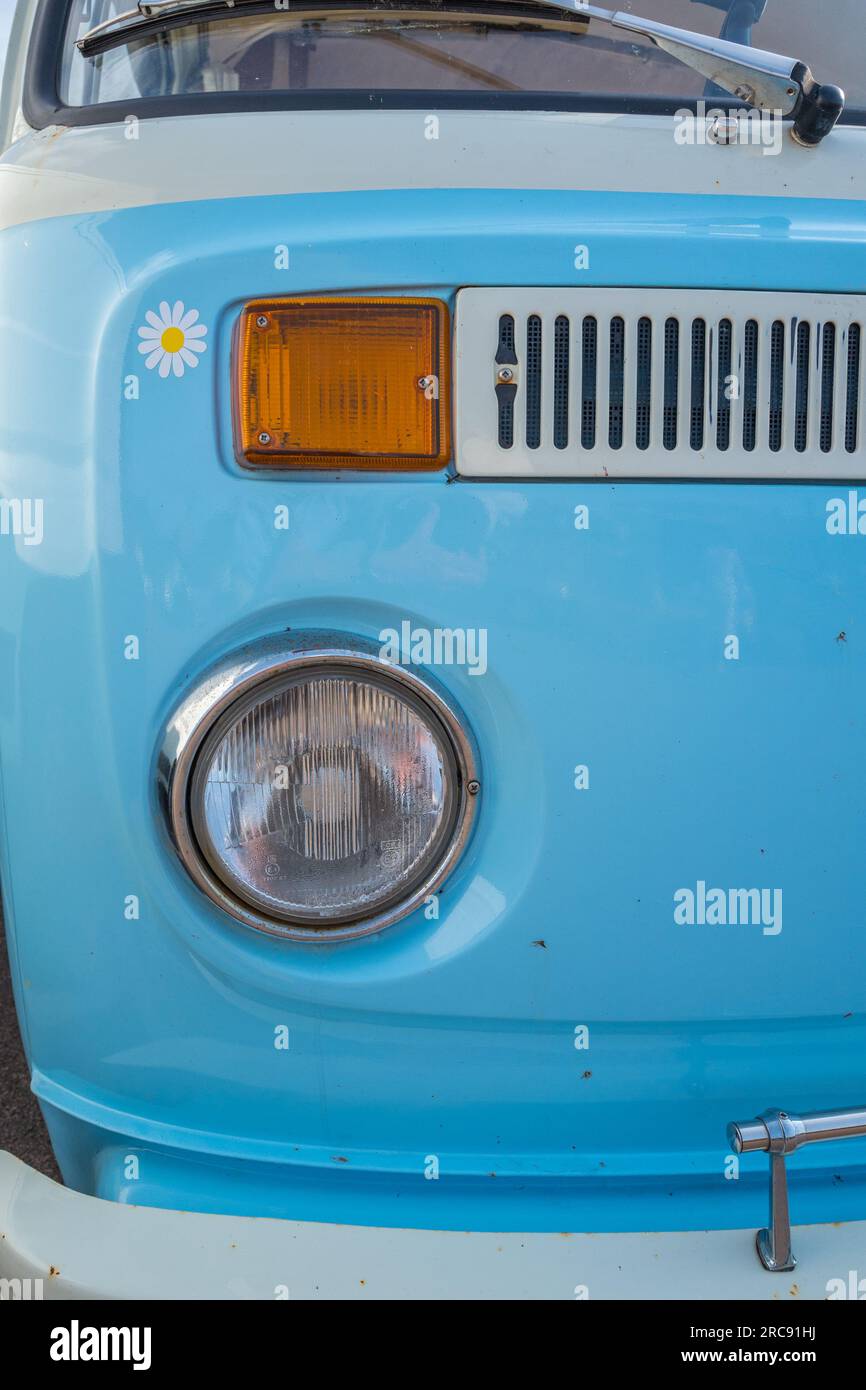 Light blue and white bay window Volkswagen VW T2 camper van Stock Photo ...