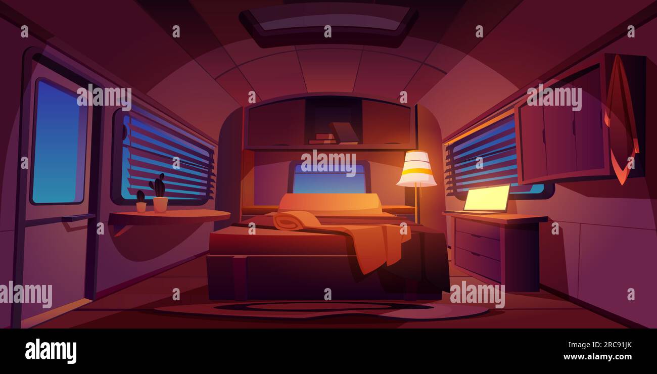 Camping trailer car interior with bed and glowing floor lamp at night ...