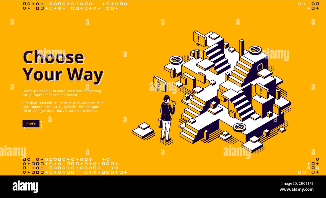 Choose your way isometric landing page. Businessman stand at confused ...