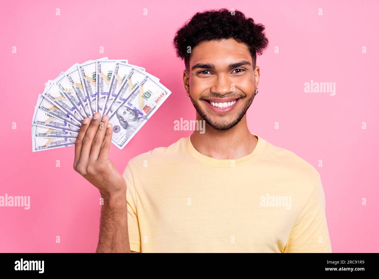 Photo of toothy beaming satisfied guy with stylish coiffure dressed ...