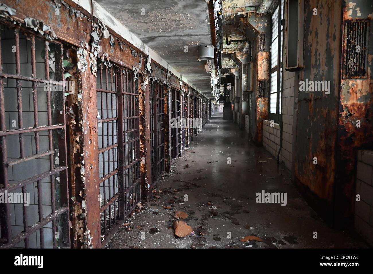 Looking down a row of prison cells in the East Cell Block of the Old ...