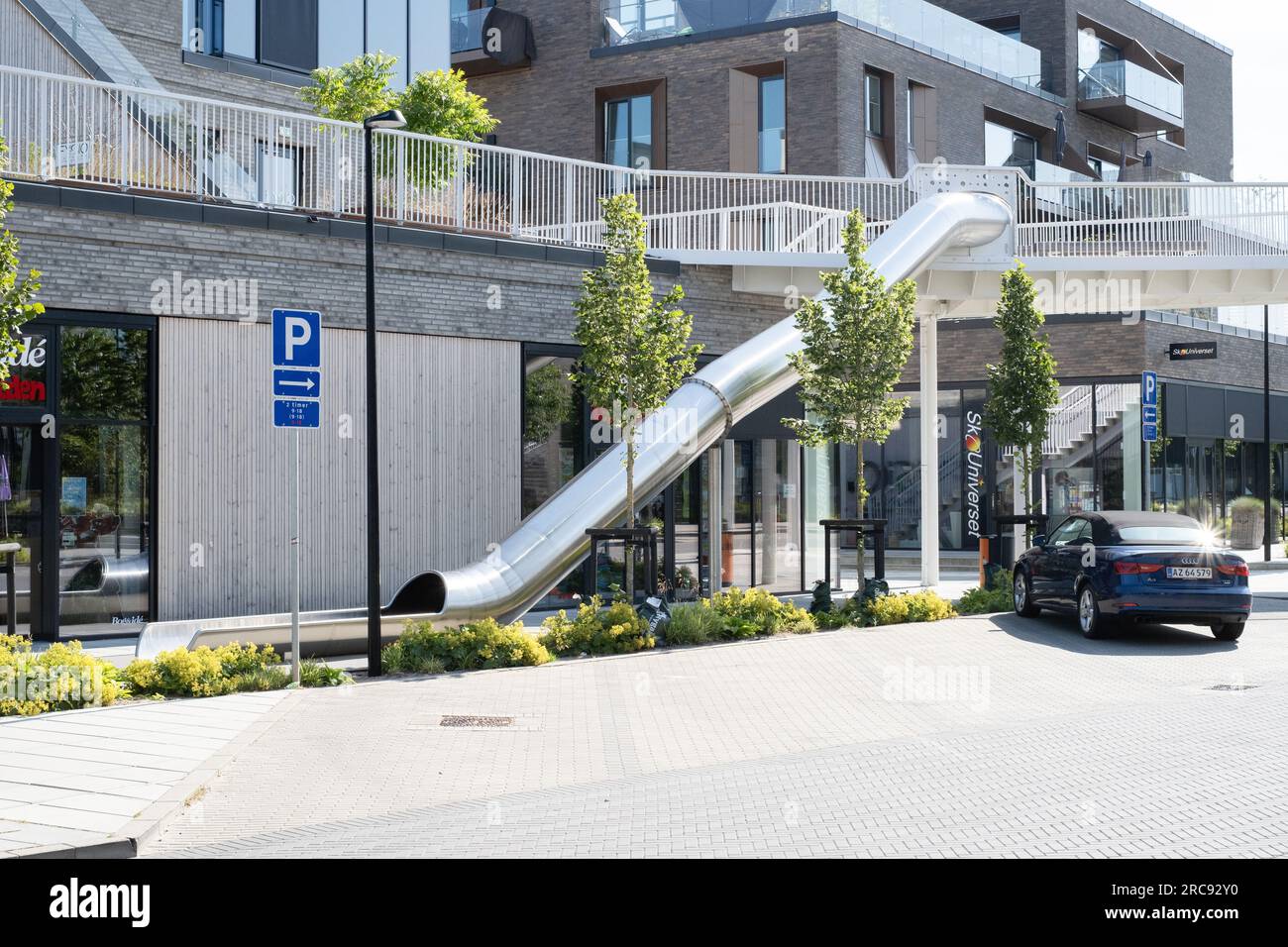 Slide from a footbridge in the centre of Billund, Denmark Stock Photo ...