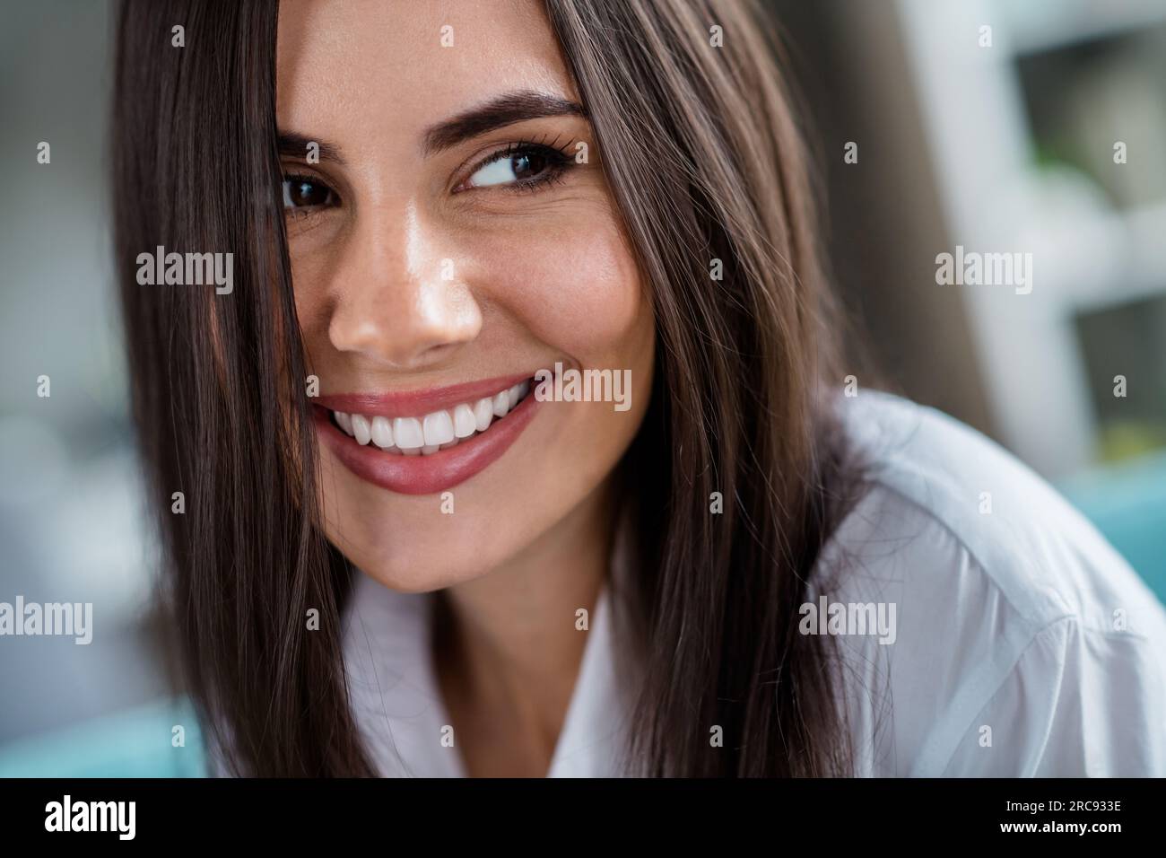 Close up portrait of sweet nice person smiling toothy with shiny ...