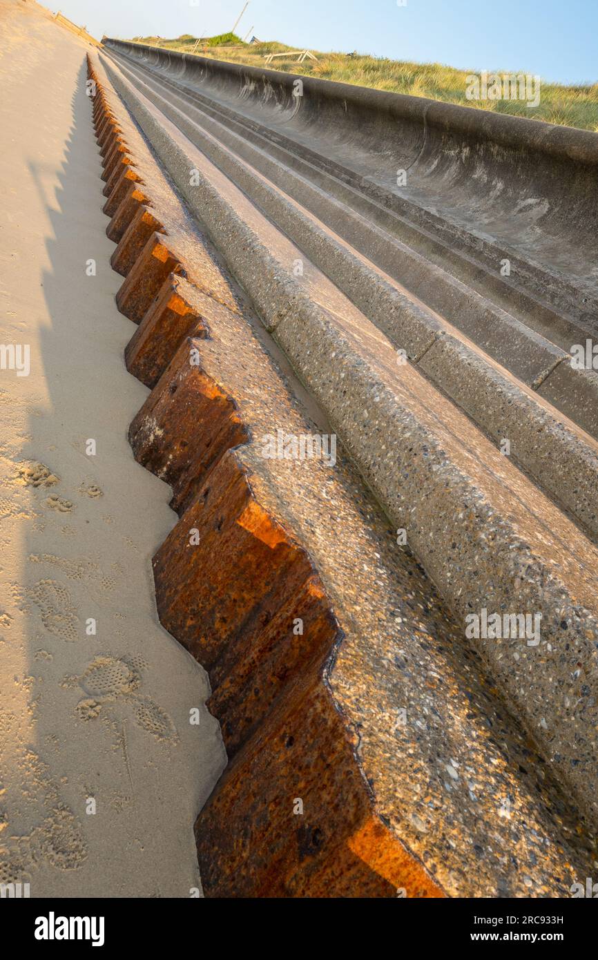 Steel and concrete sea defences on the North sea coast at Happisburgh ...