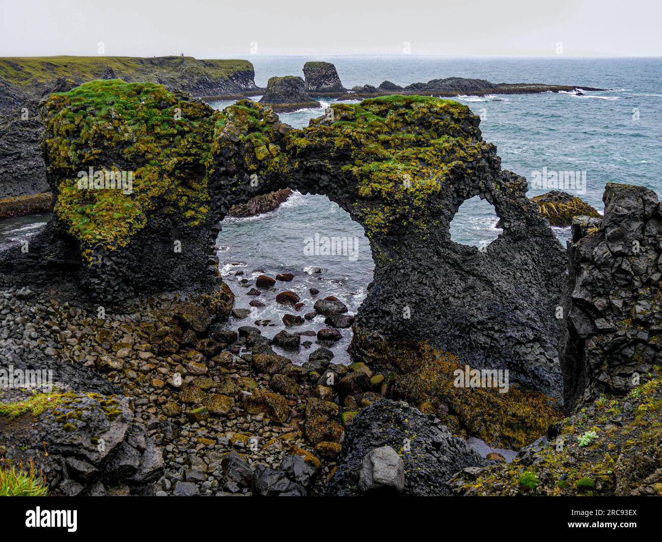 Top down view on Gatklettur Rock formation in Iceland on a cloudy day ...