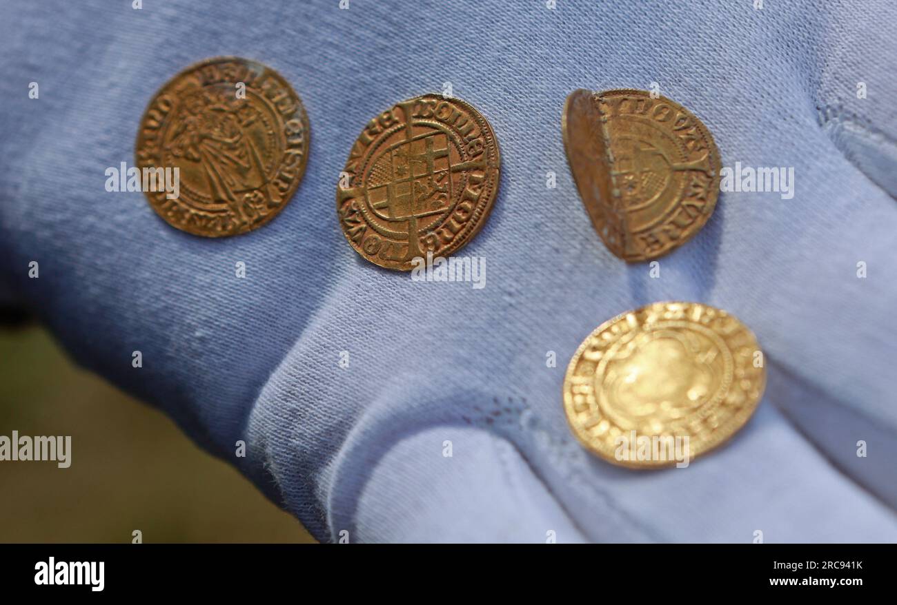 13 July 2023, Saxony-Anhalt, Wernigerode: Four gold florins from the ...