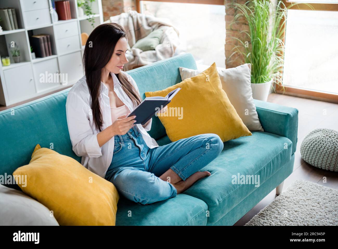 Photo of clever smart woman sitting comfy divan in apartment flat ...