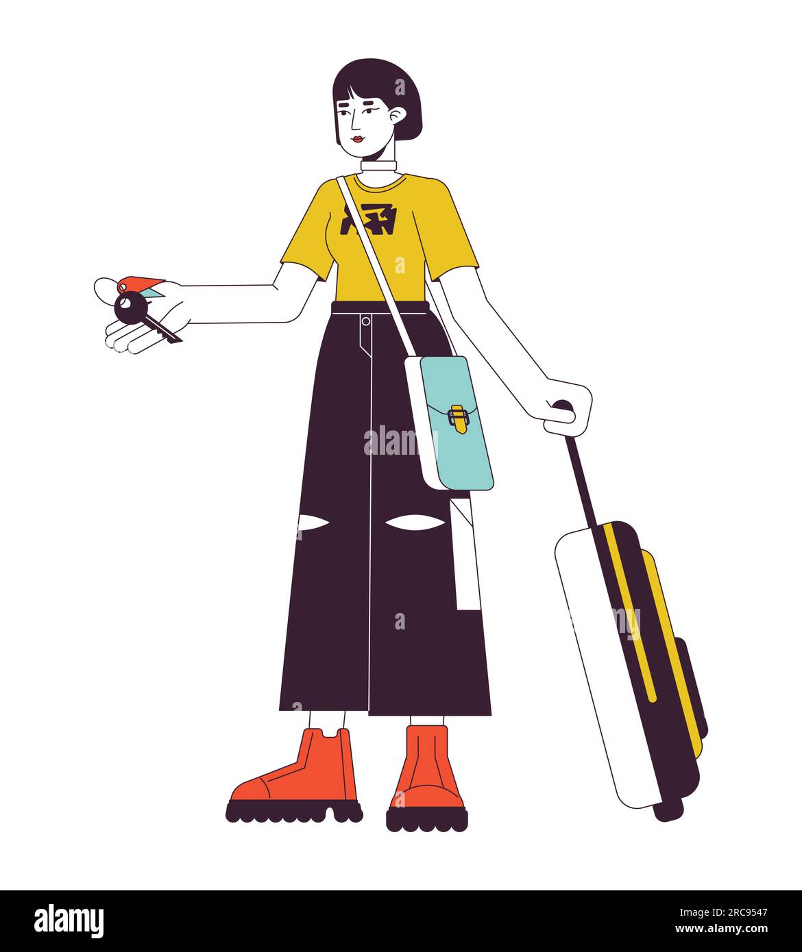 Female traveler holding hotel room key flat line color vector character ...