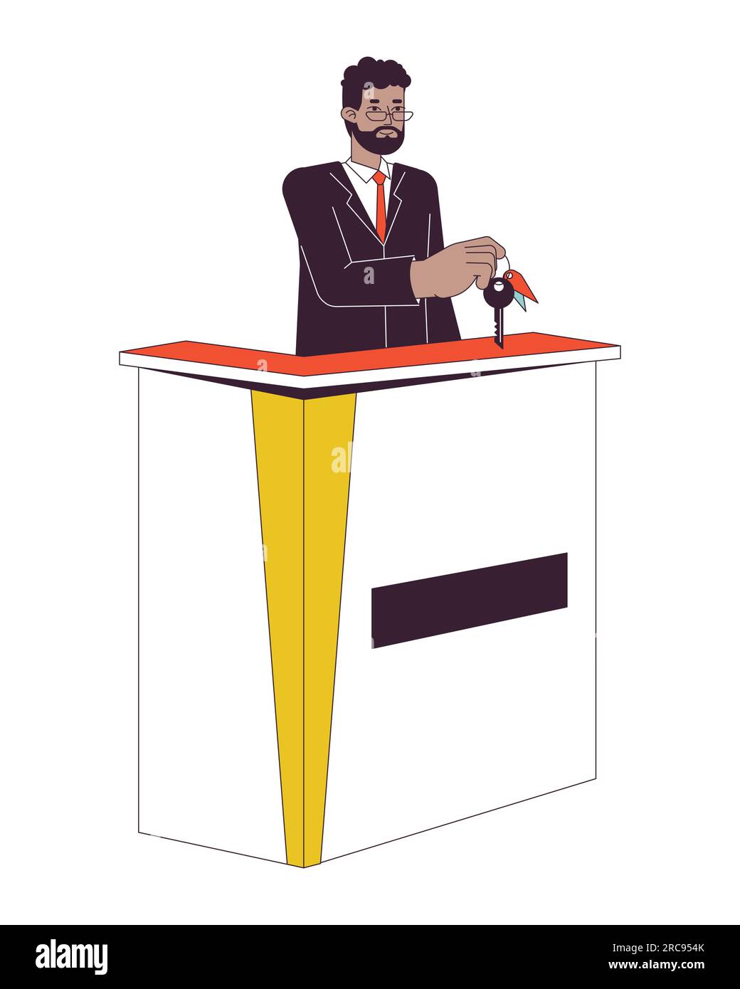 Male receptionist at hotel front desk flat line color vector character ...