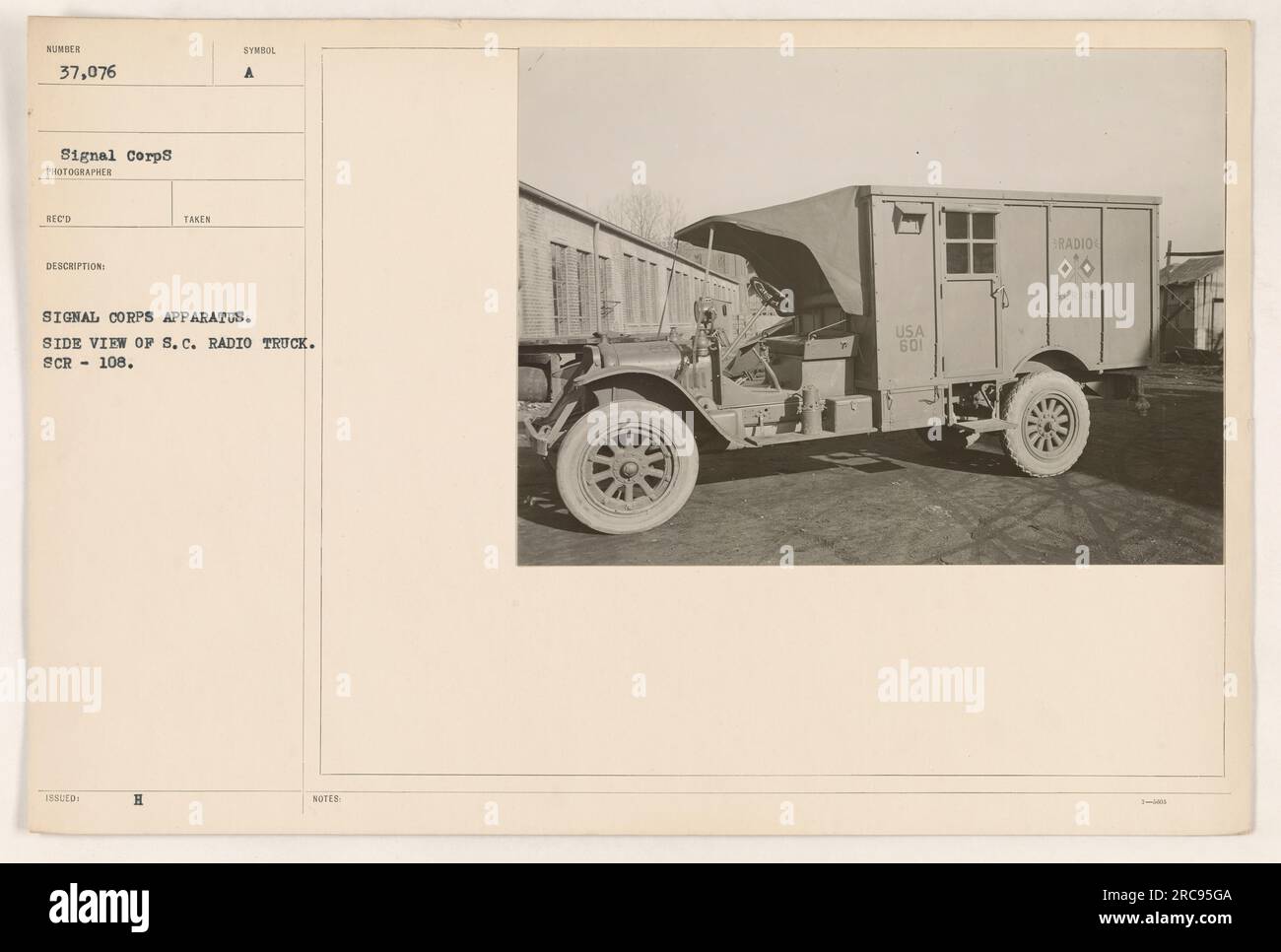 Side view of a Signal Corps radio truck, identified as SCR-108, with ...