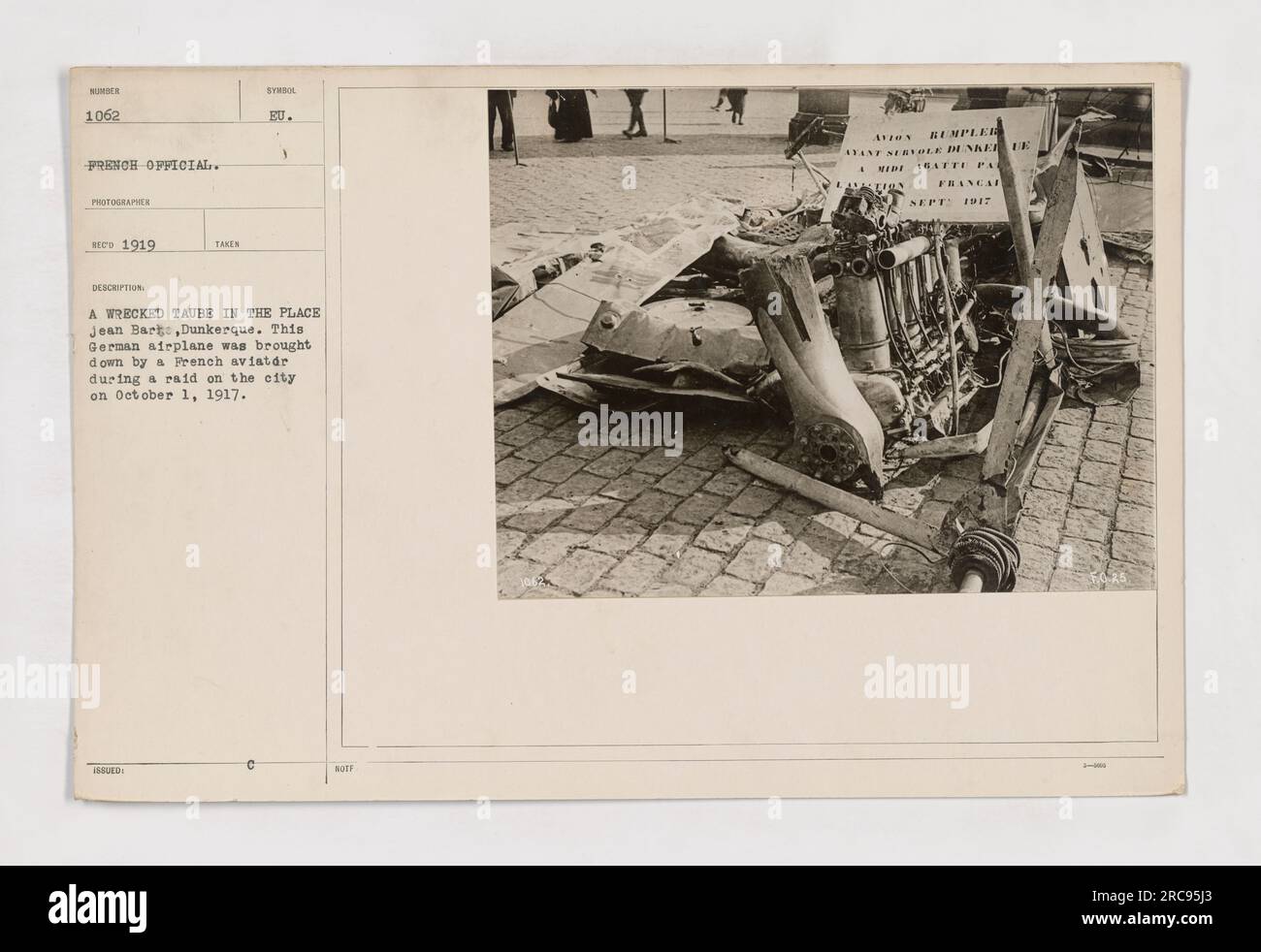 A German Taube airplane brought down by a French aviator during a raid ...