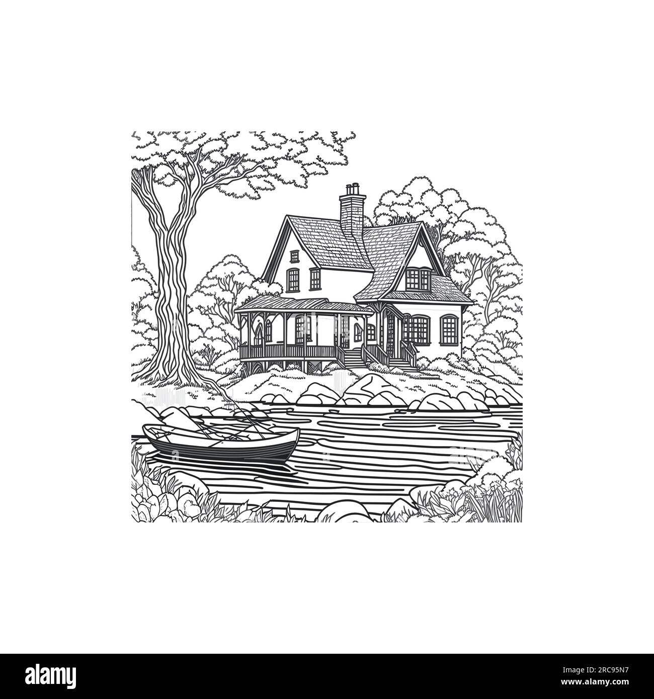 a beautiful house by the river, coloring book Stock Vector Image & Art ...