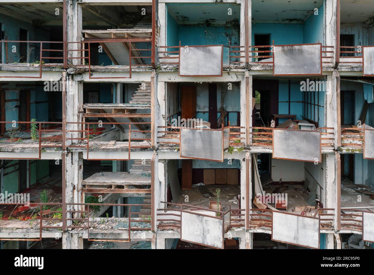 Facade of abandoned old high-rise building, aerial view from drone ...