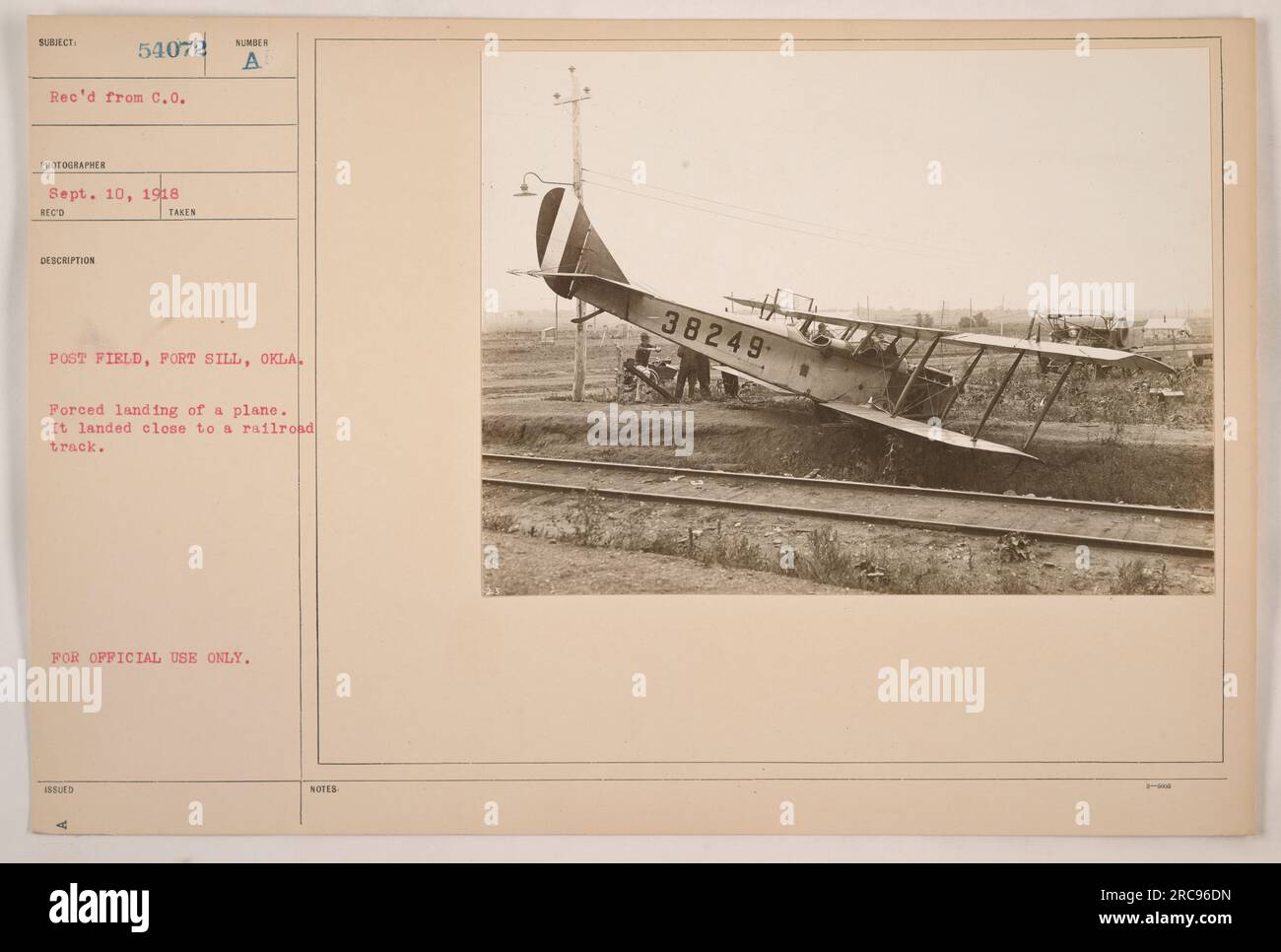 Forced landing of a plane at Post Field, Fort Sill, Oklahoma. The plane ...