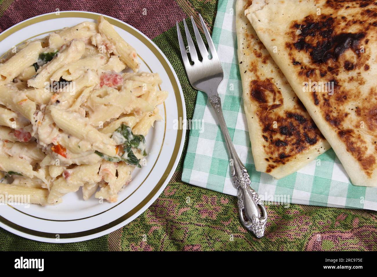 Plate of Pasta Carbonara With Italian Flat Bread on Rustic Kitchen ...