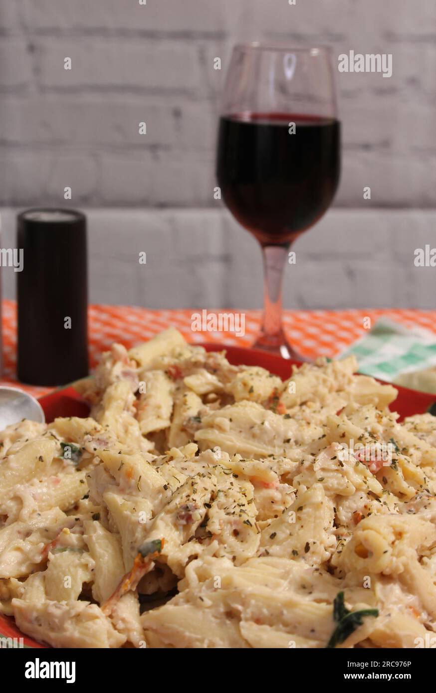 Pasta Carbonara With Italian Flat Bread on Rustic Buffet Table Stock ...