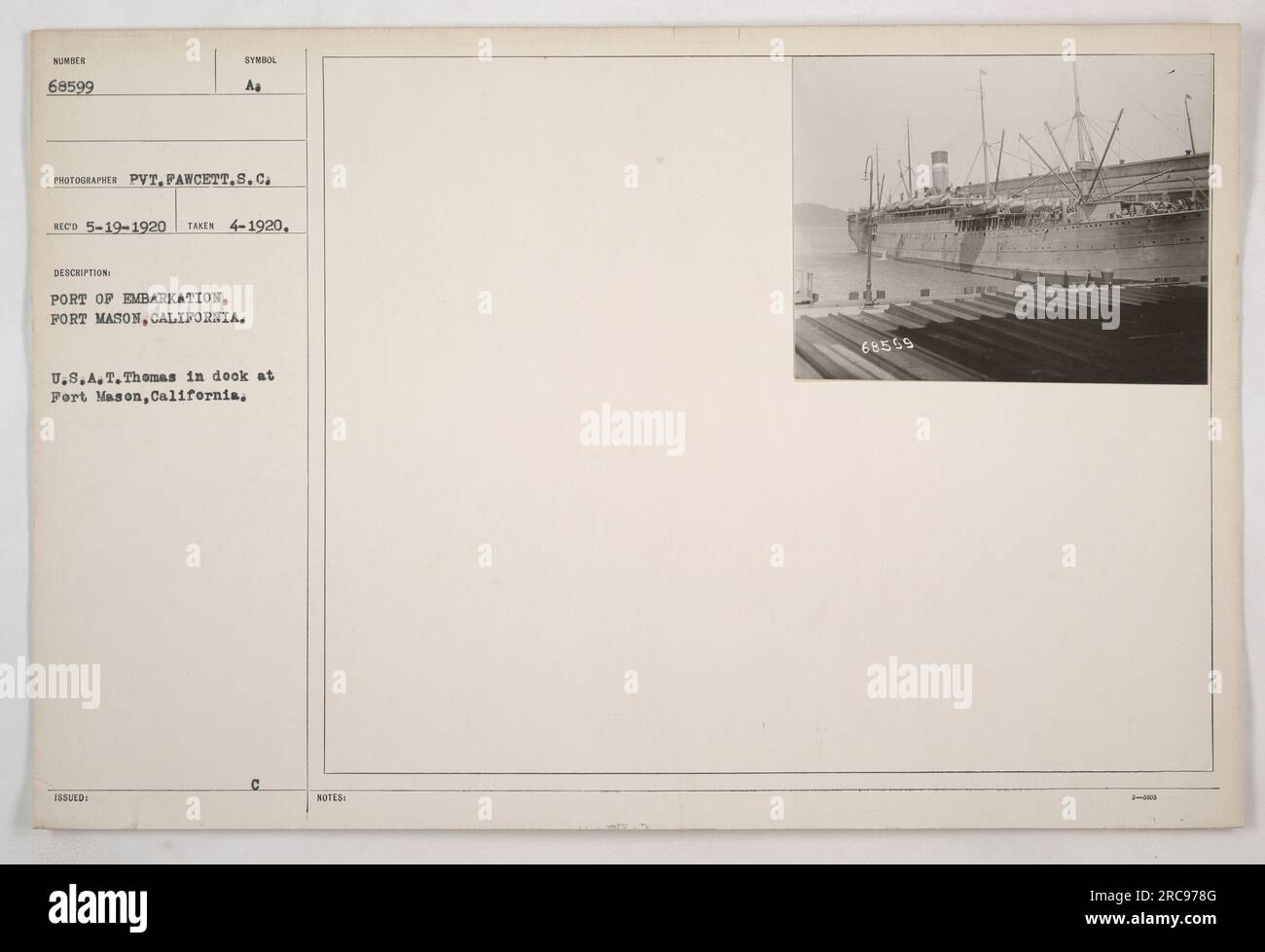 The image shows U.S.A.T Thomas docked at Fort Mason, California in ...