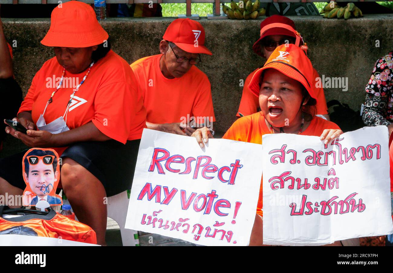 Bangkok, Thailand. 13th July, 2023. A supporter of Pita Limjaroenrat Move Forward Party leader ...