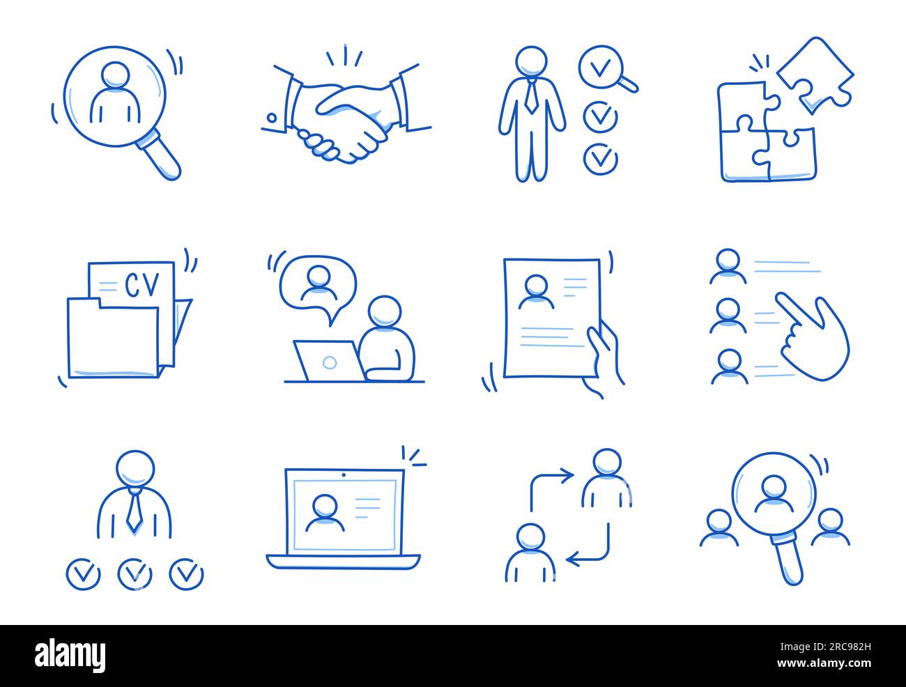 Doodle line icon set work, business job search. Doodle sketch hand ...