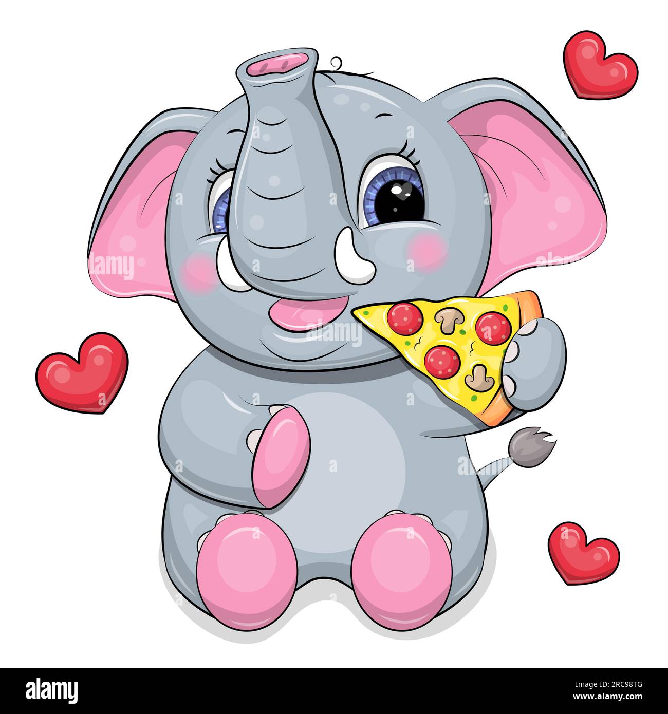 Cute cartoon elephant eats pizza. Vector illustration of an animal with ...