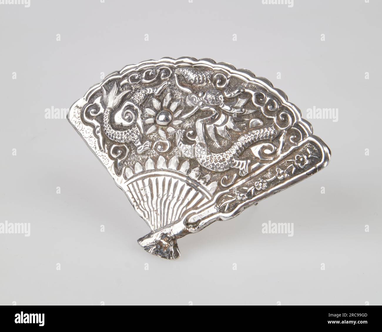 Antique1900s Chinese silver fan menu holder, decorated with a dragon ...
