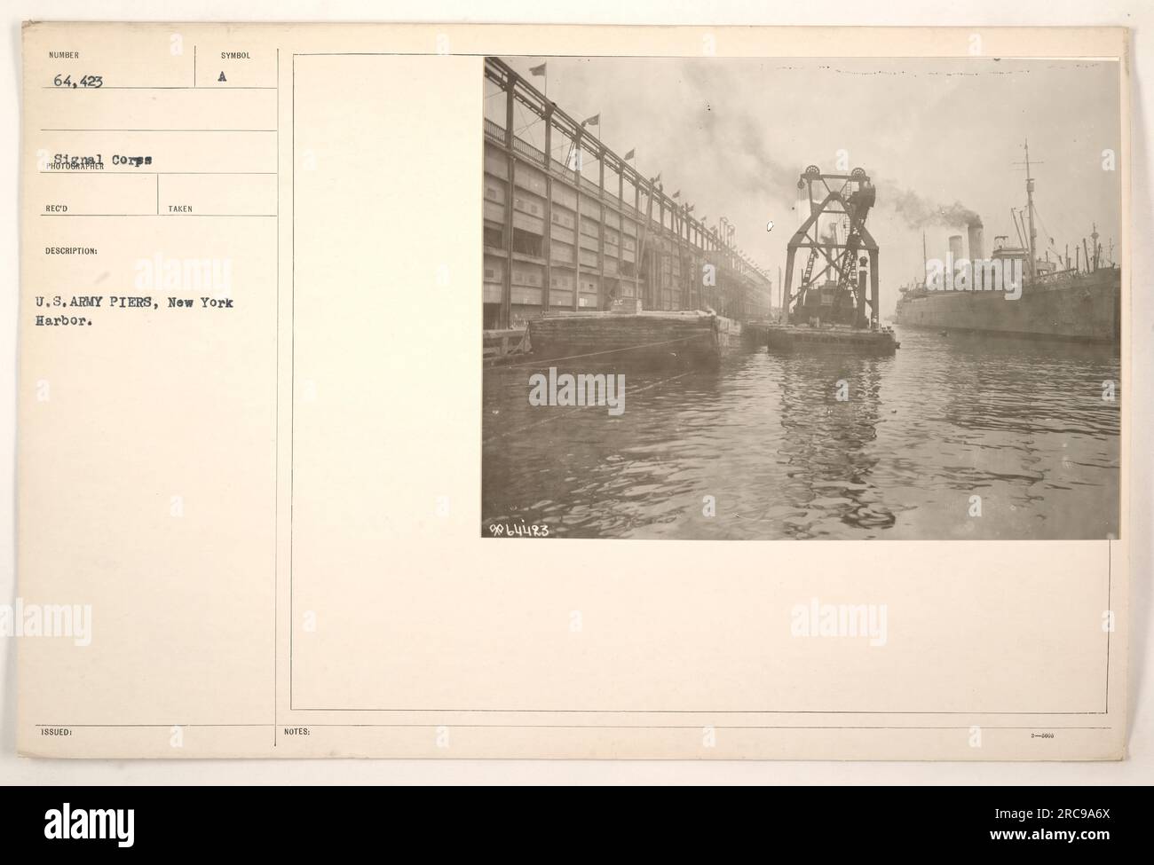 U.S. Army piers at New York Harbor during World War One. The photograph ...