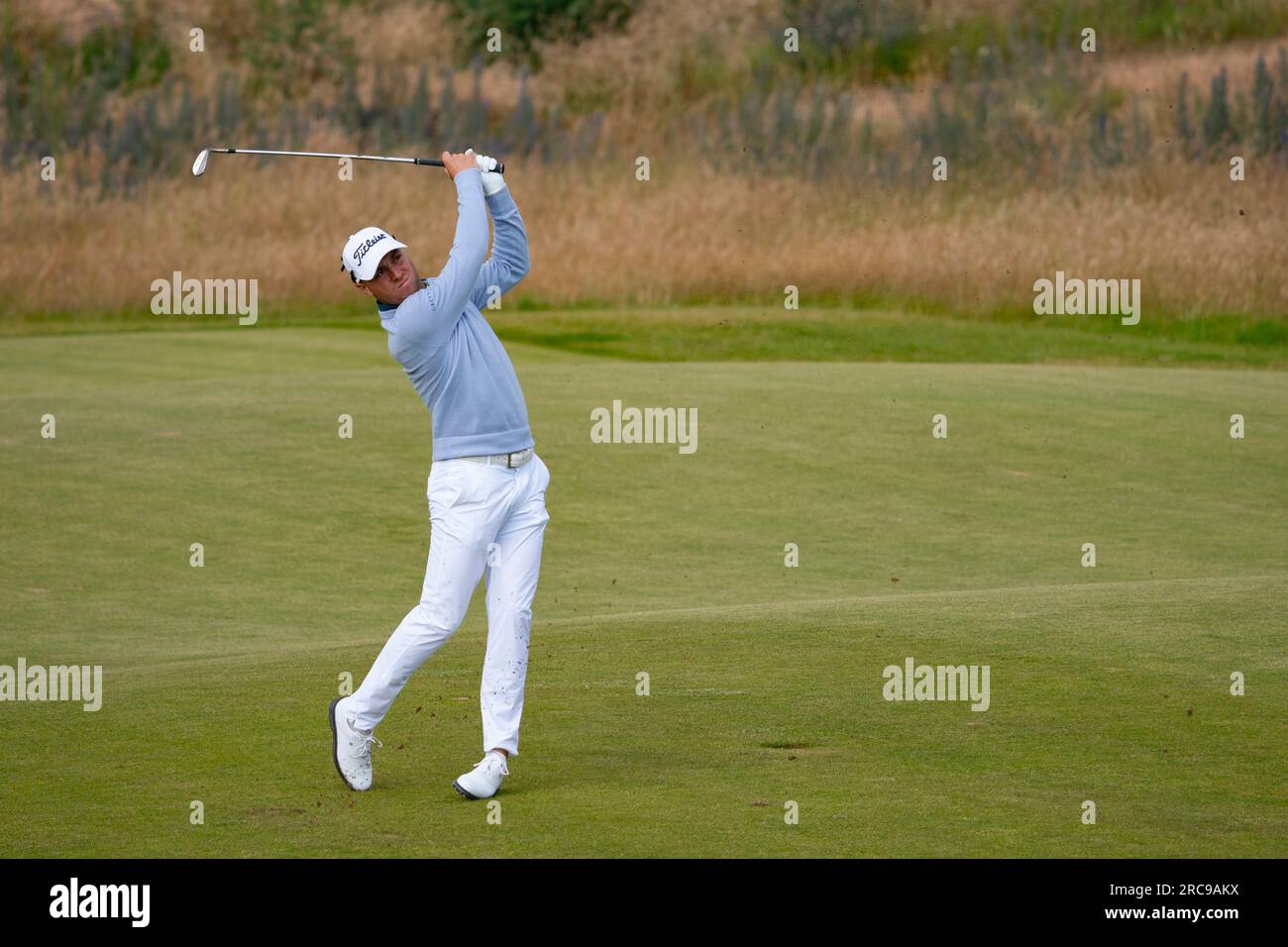 North Berwick, East Lothian, Scotland, UK. 13th July 2023. Justin Thomas plays approach to 11th ...