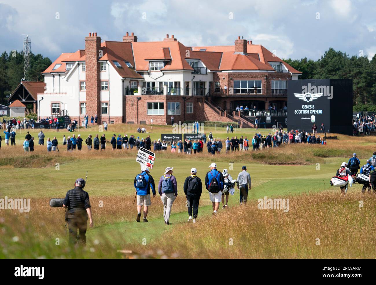North Berwick, East Lothian, Scotland, UK. 13th July 2023. View down the 18th fairway to the ...