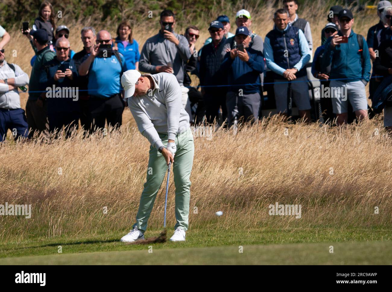 North Berwick, East Lothian, Scotland, UK. 13th July 2023. Rory McIlroy plays approach to the ...