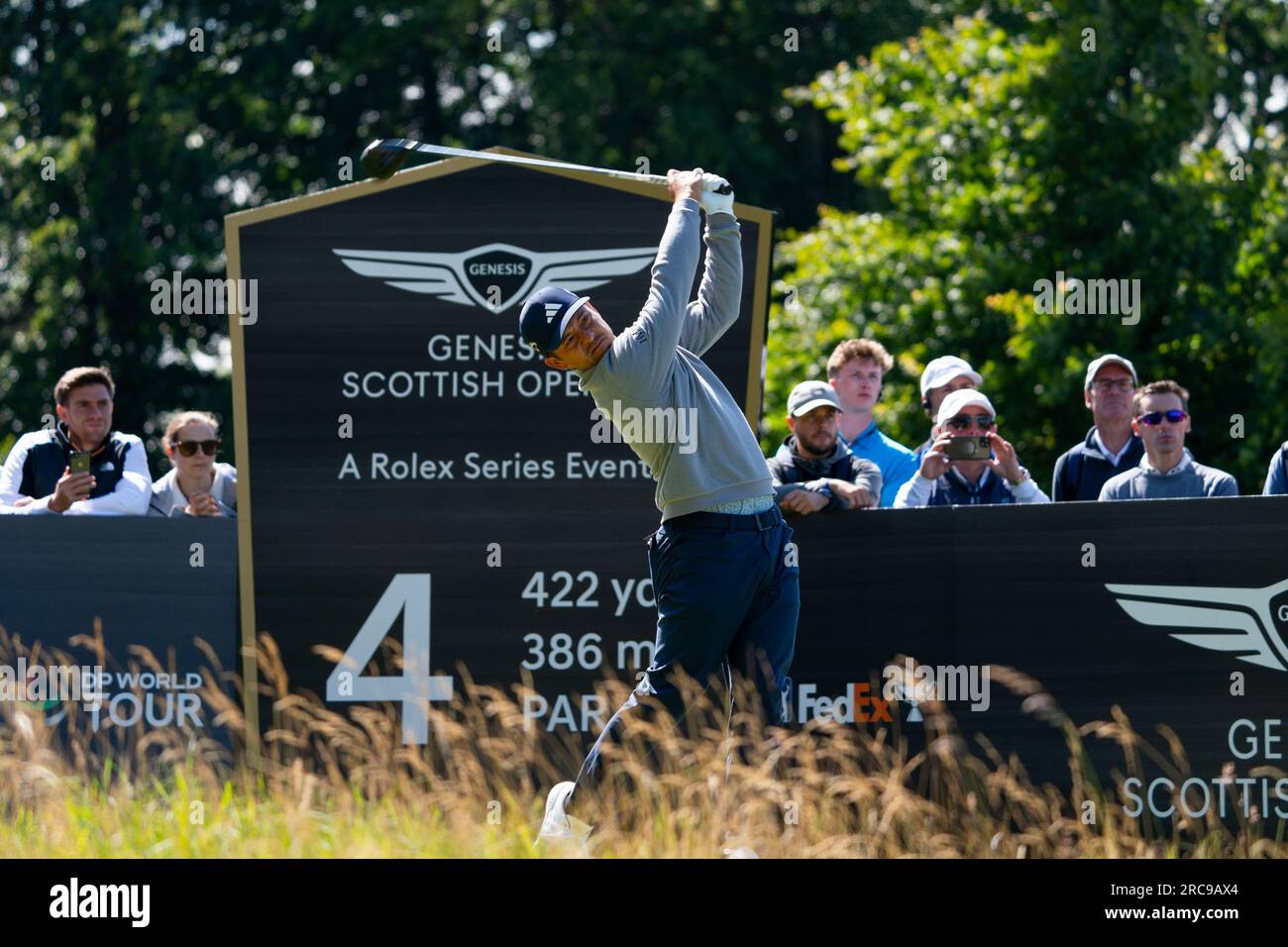 North Berwick, East Lothian, Scotland, UK. 13th July 2023. Xander Schauffele tees off on 4th ...
