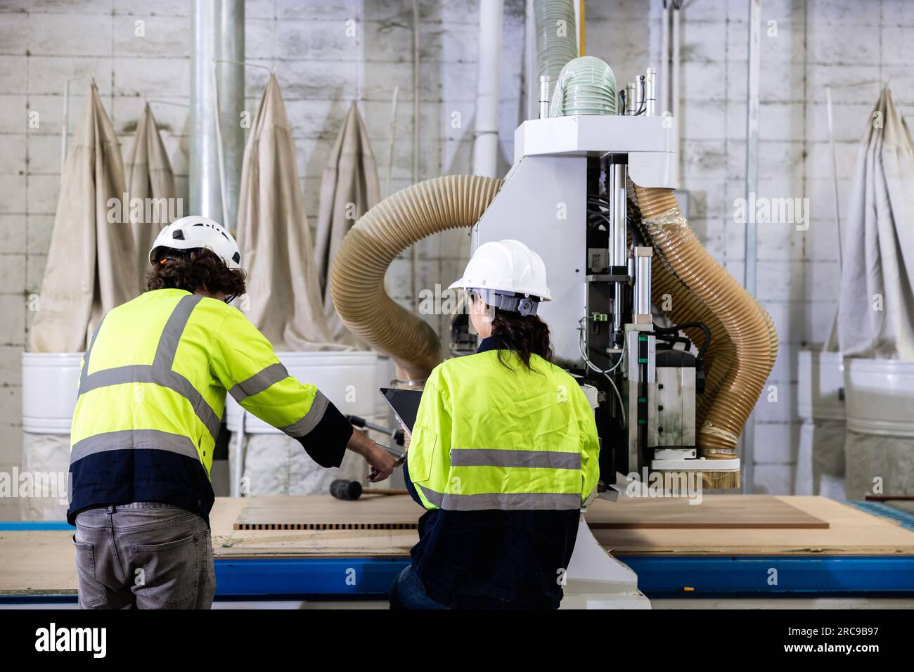 team worker work control operate wood milling machine in wood furniture ...