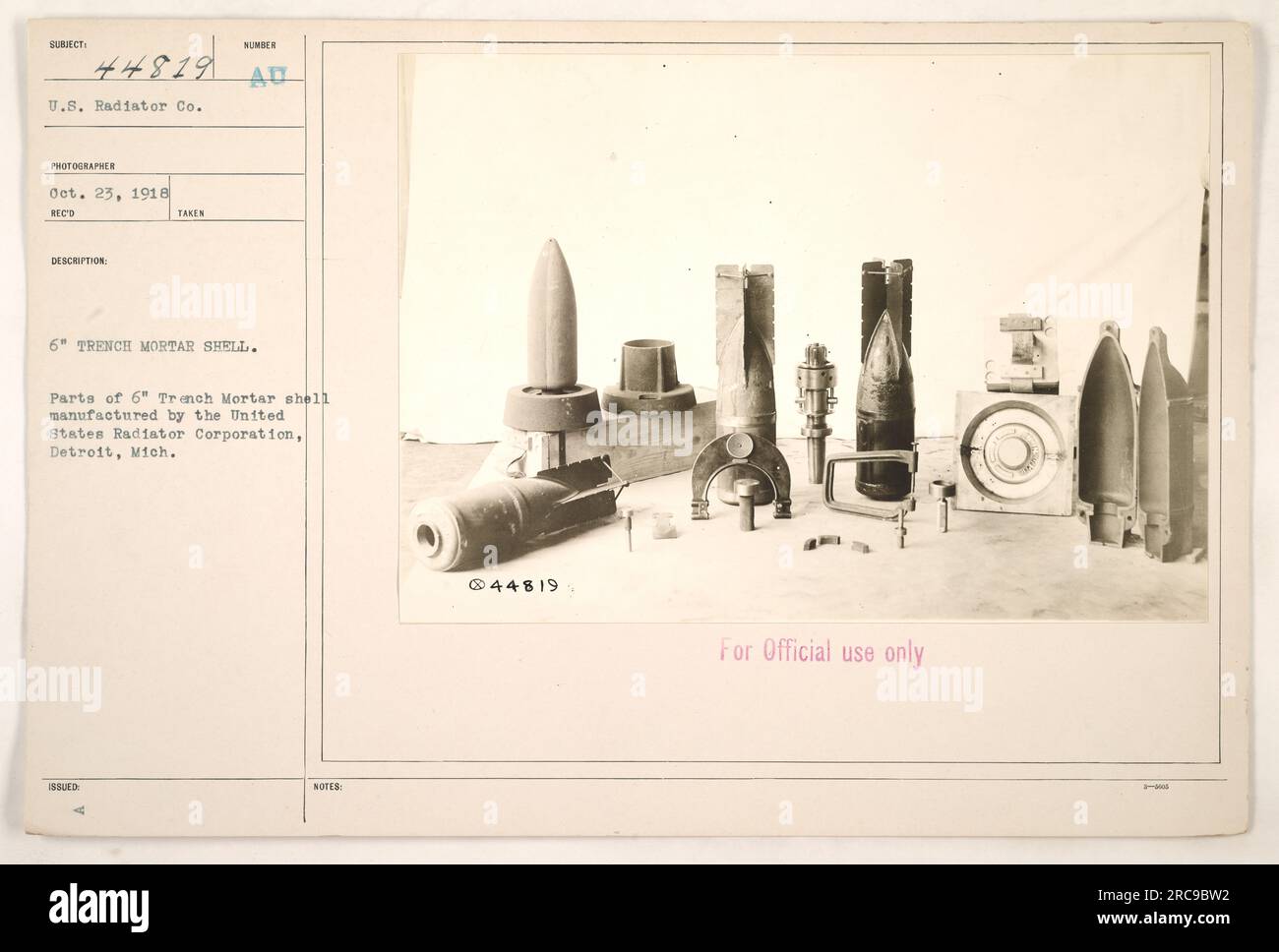 A photograph taken on October 23, 1918, showing parts of a 6" Trench ...