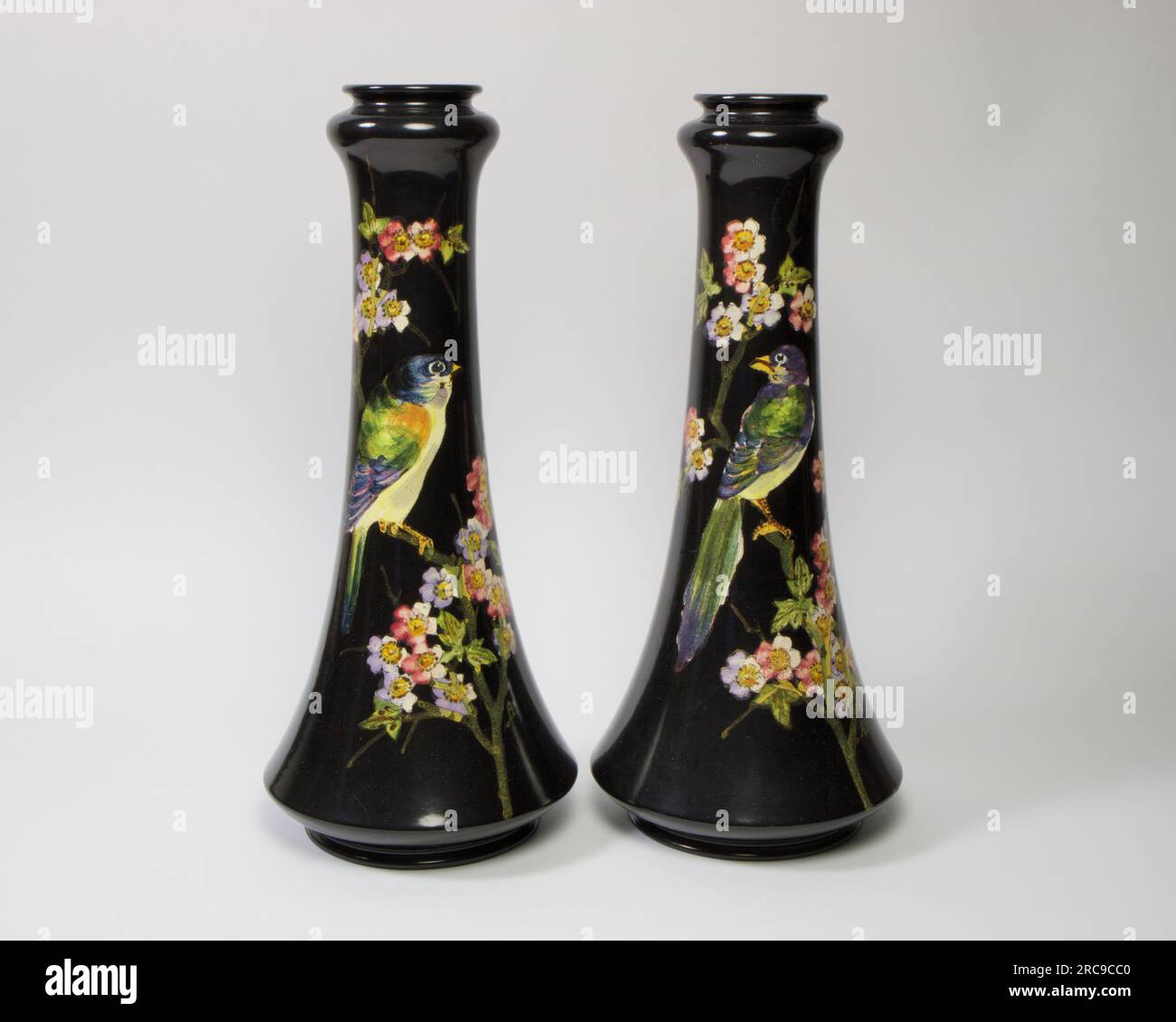 Pair of 1900s Arts and Crafts Bretby Pottery “Cloisonne” ware bird ...