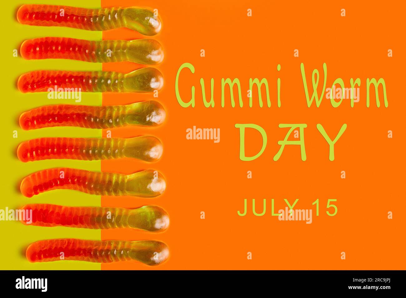 Gummi worms on colorful background with text: "Gummi worm day. July 15 ...