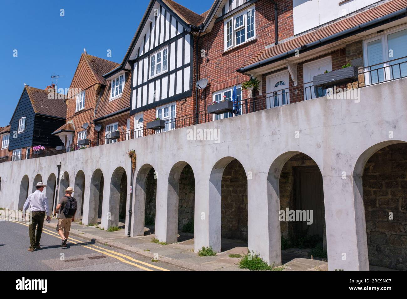 Folkestone, UK - 9 July 2023: Red brick rowhouses on the harborfront of ...