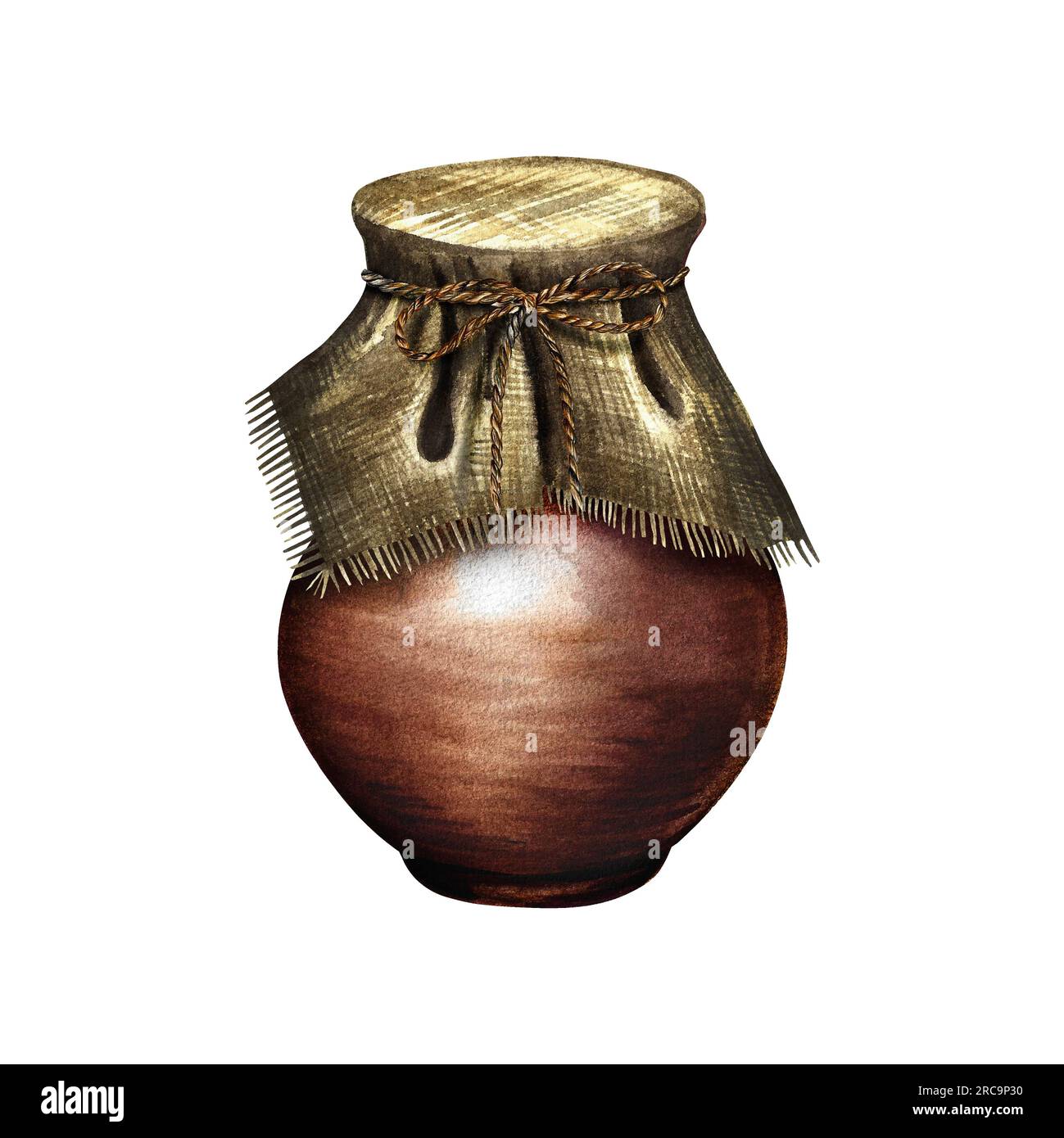 Ceramic jug covered with linen. Watercolor hand drawn illustration. For ...